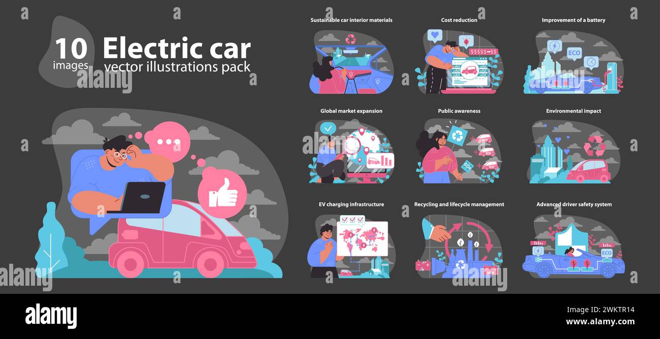Electric car set. Advancing eco-friendly transport solutions. Showcasing renewable energy ...