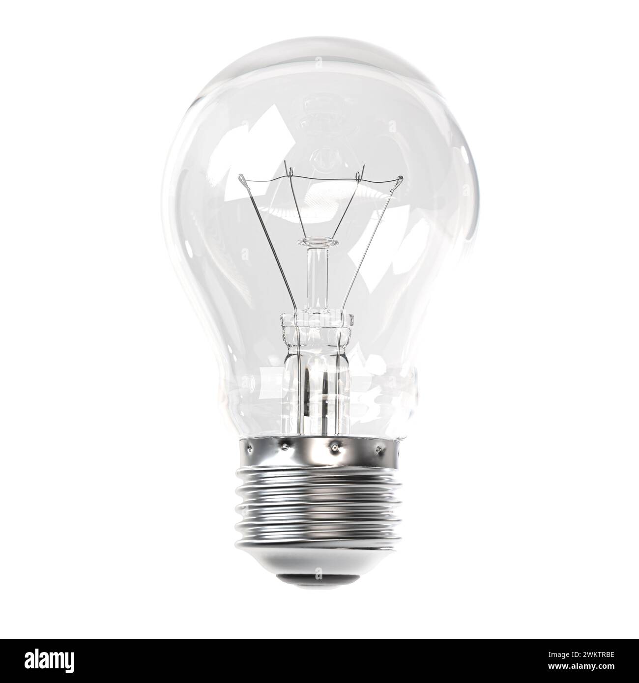 Clear glass incandescent bulb with visible filament, isolated on a pure ...