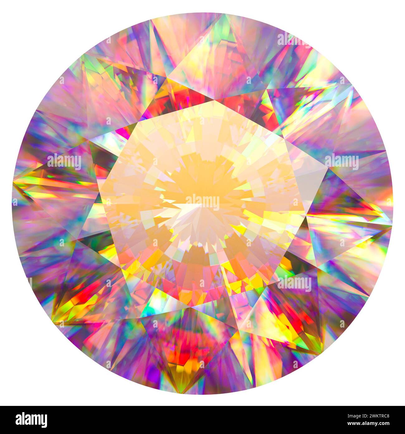 Diamond seen from above, iridescent reflections, isolated on a white ...