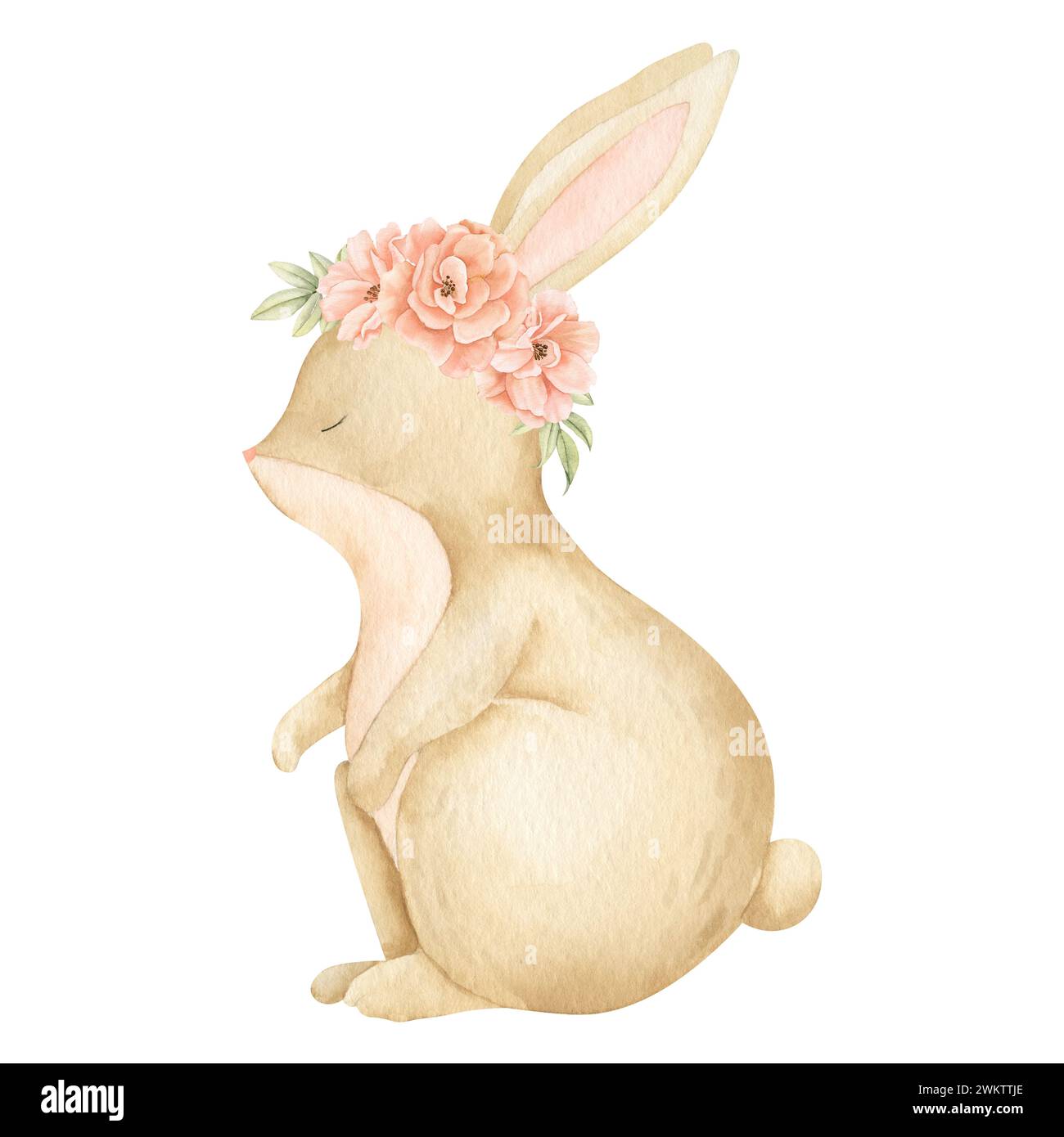 Bunny with flowers watercolor illustration. Hand drawn forest Hare with ...