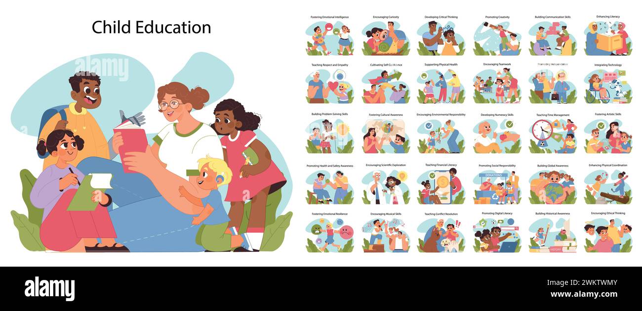 Child education big set. Diverse activities shaping children skills and ...