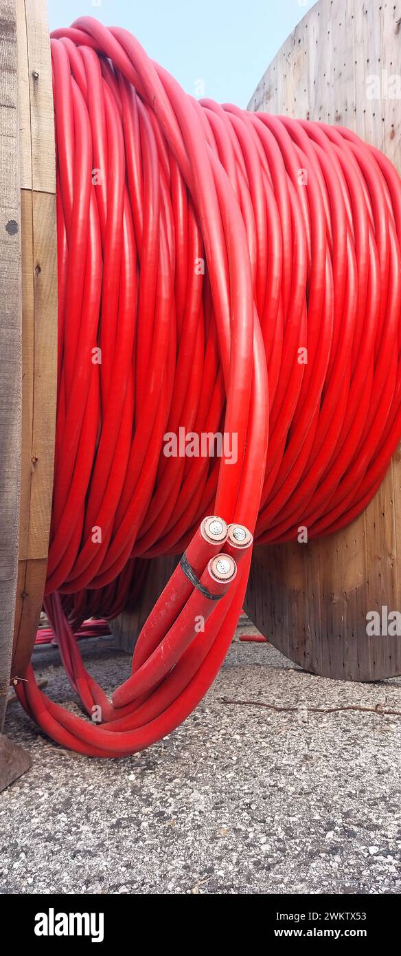 Detail of BIG cable drum also called Electrical conductor reel with red ...