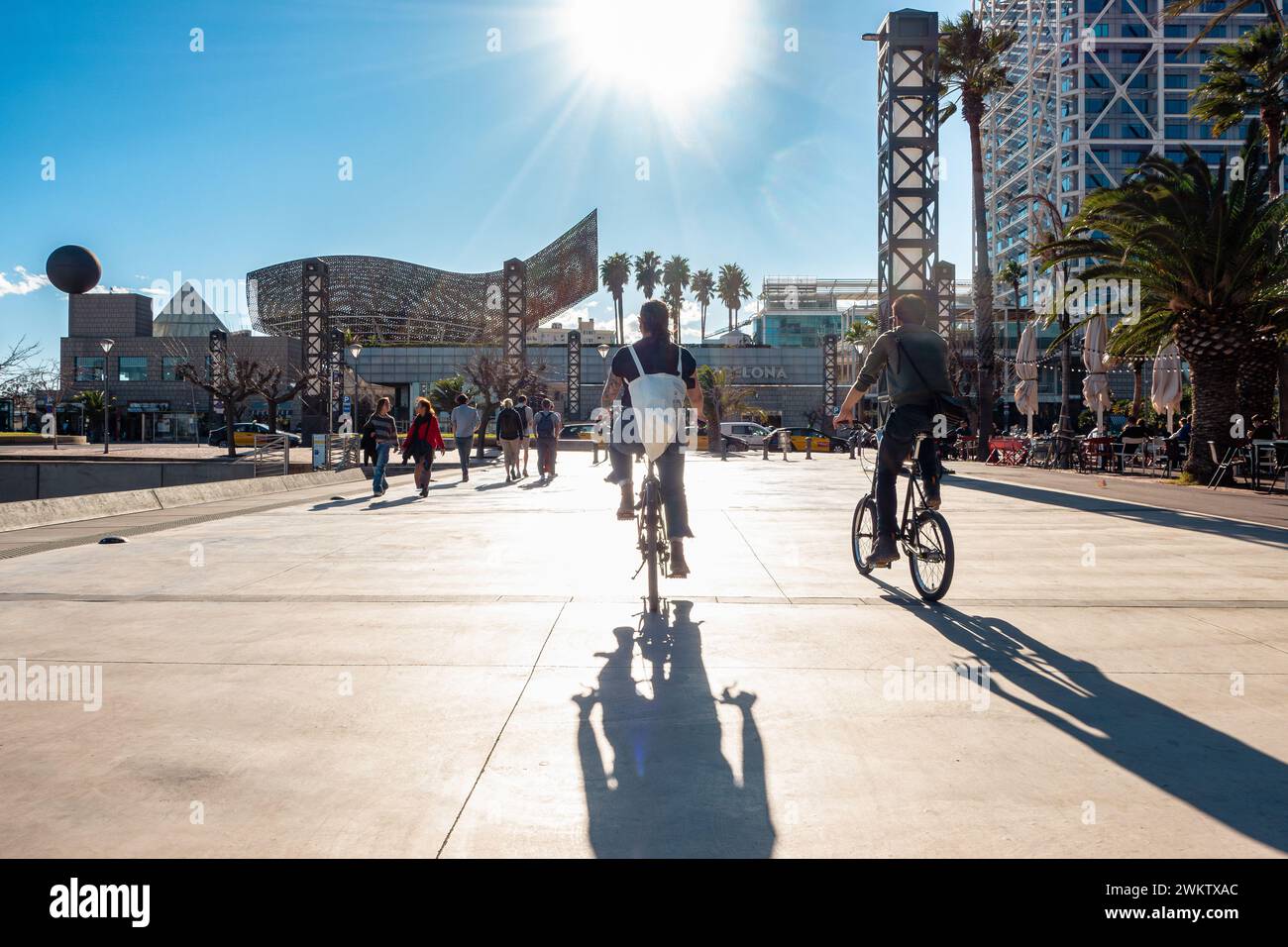 Barcelona, Barceloneta pedestrian cycle path, seafront, people walking ...