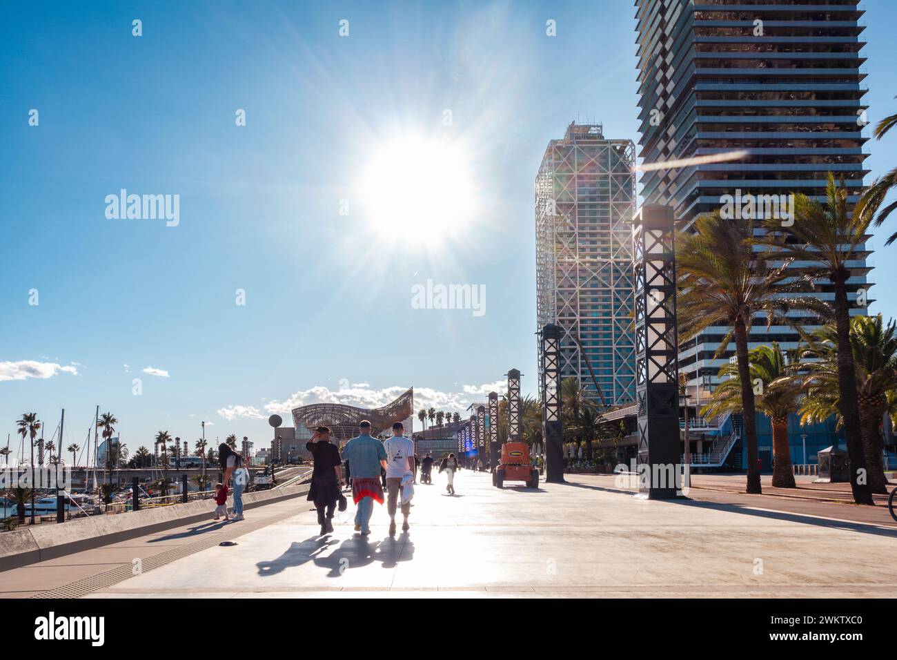 Barcelona, La Barceloneta, people walking and strolling. Pedestrian ...