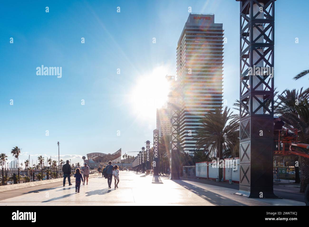 Barcelona, La Barceloneta, people walking and strolling. Pedestrian ...