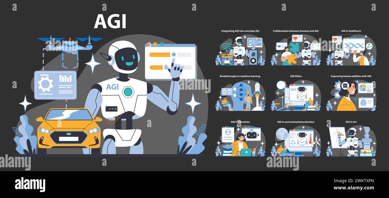 AGI night or dark mode set. Futuristic AI integration in daily life, healthcare, and education ...