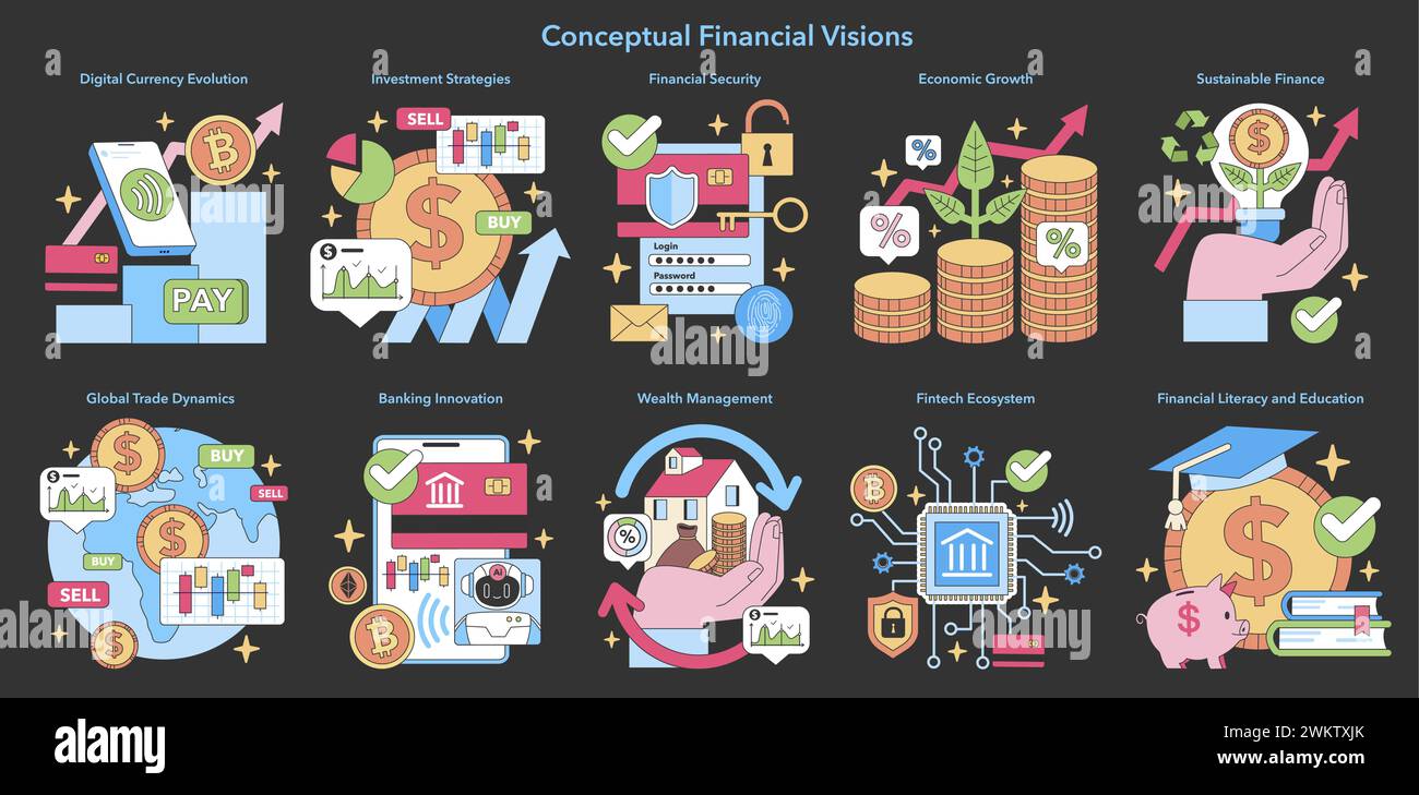 Automated financial advisors set. Depicts AI-driven advice for ...