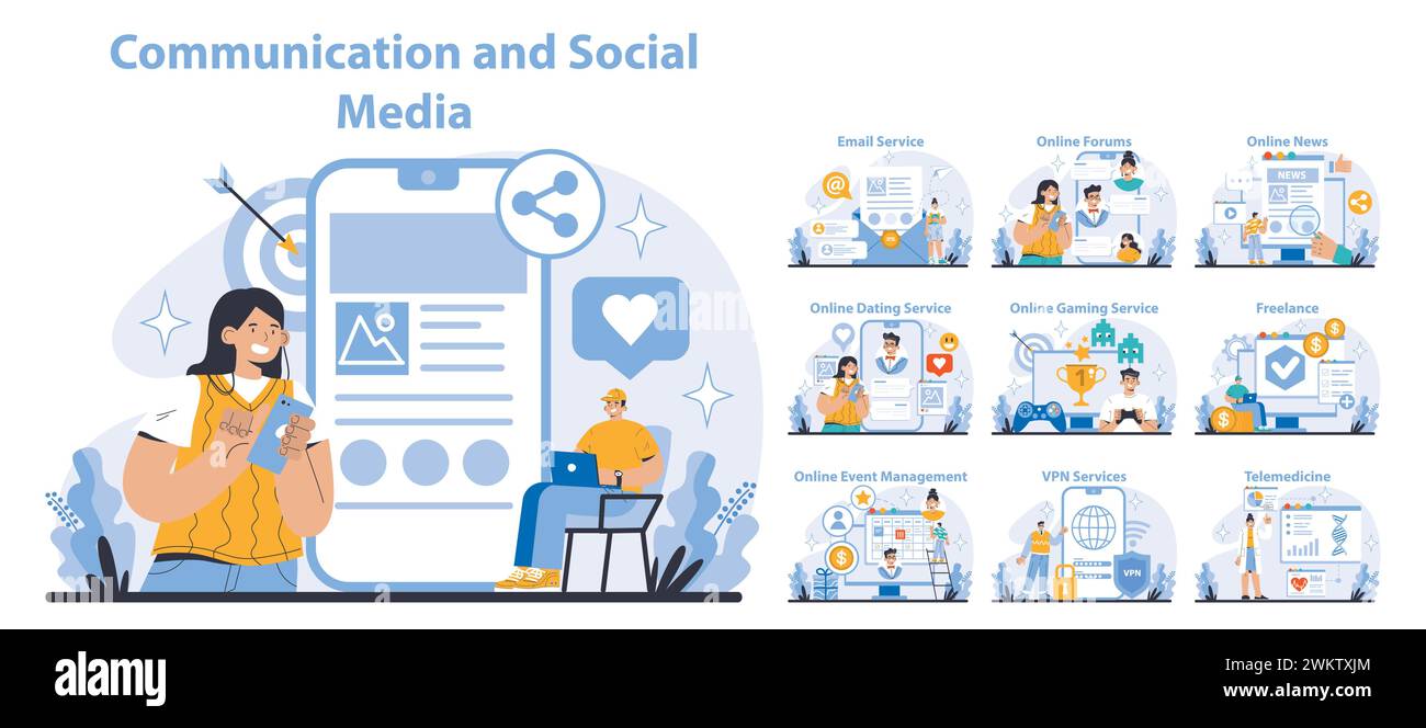 Communication and Social Media set. Diverse internet services and ...