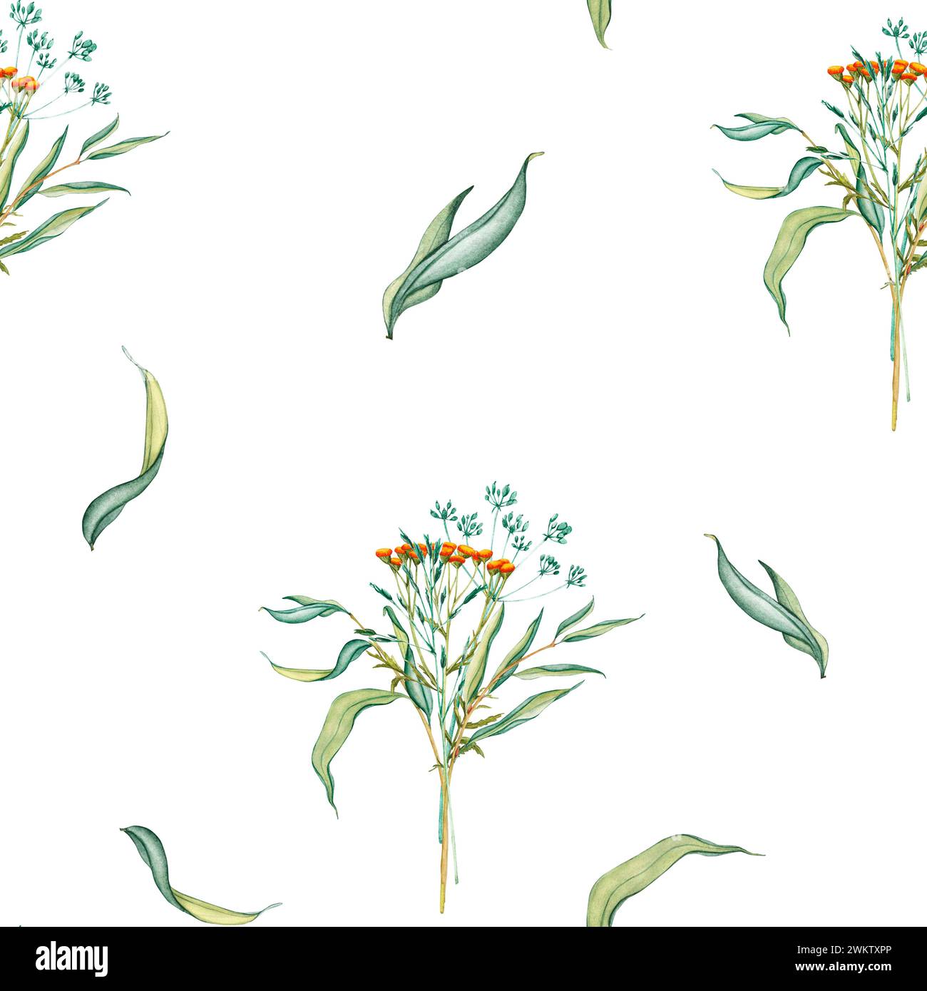 Seamless pattern with bouquet of flowers, meadow leaves and wild dry ...