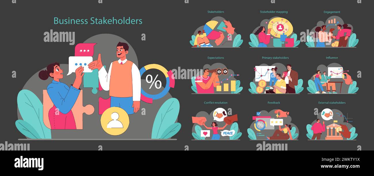 Business stakeholders set. Diverse group collaborating on company goals. Strategy discussions ...