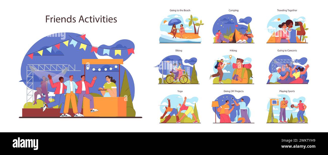 Friends activities set. Varied leisure scenes from beach outings to ...