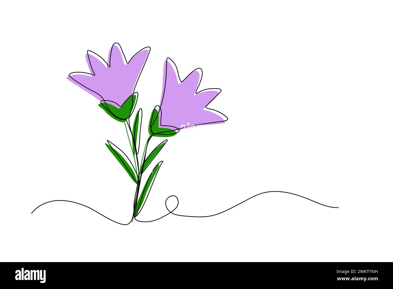 Spring bell shaped flowers, line art vector illustration with color ...