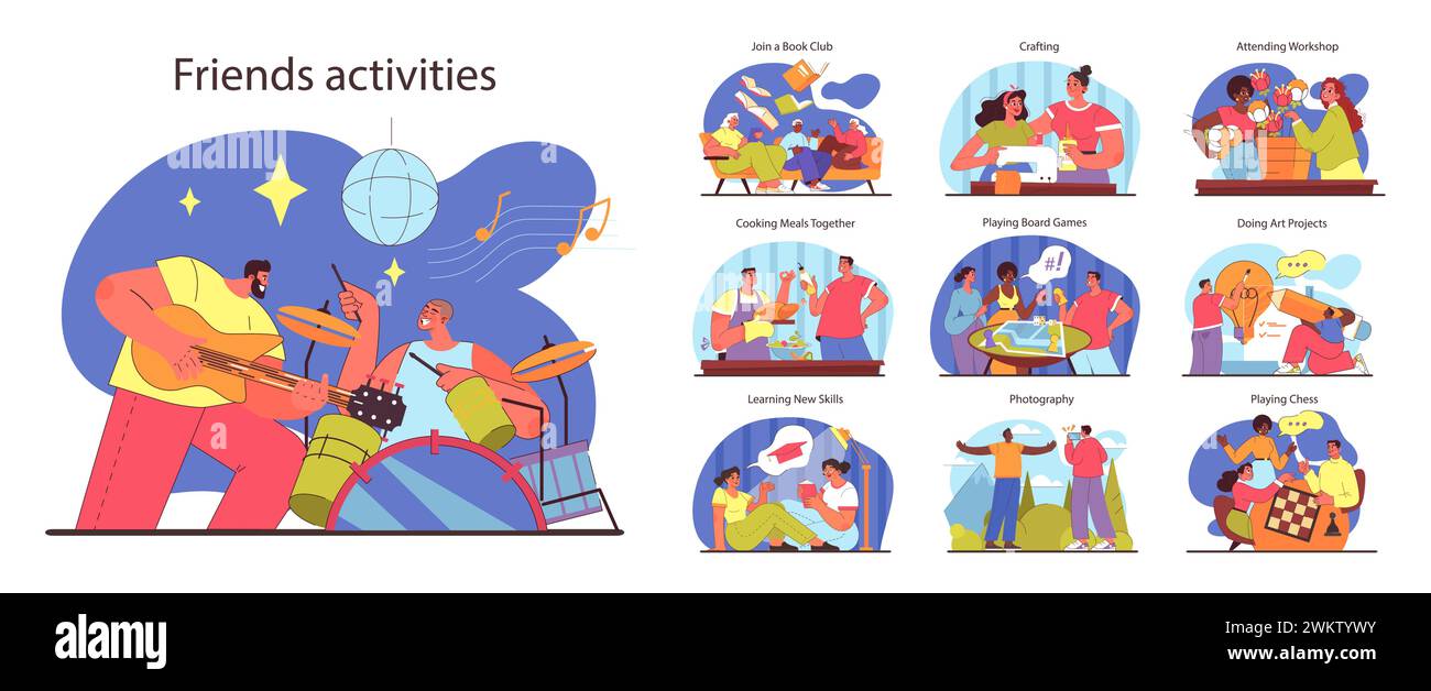 Friends activities set. Diverse group enjoys music jamming, crafting ...