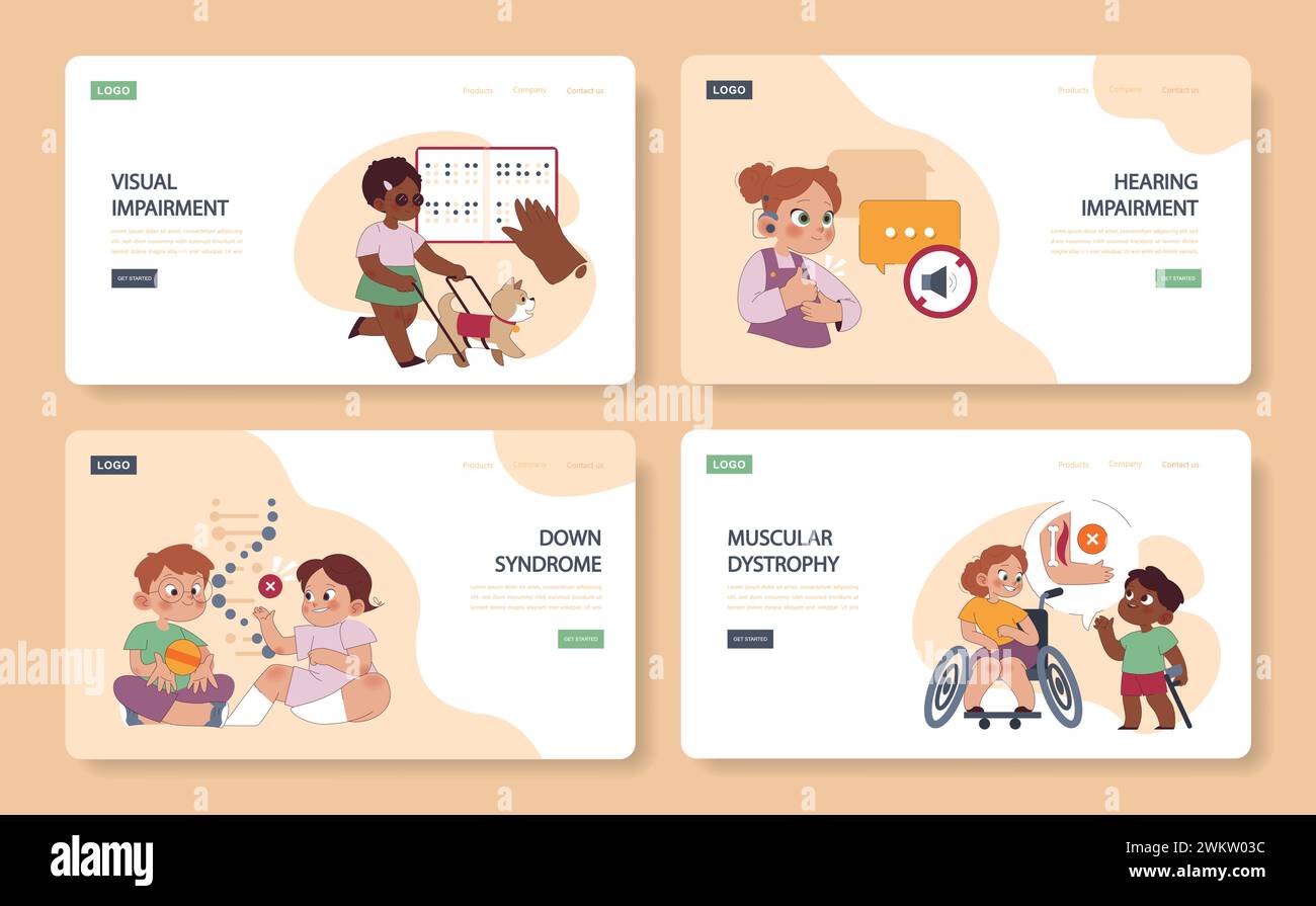 Kid Disability set. Highlighting visual, hearing, Down syndrome, and ...