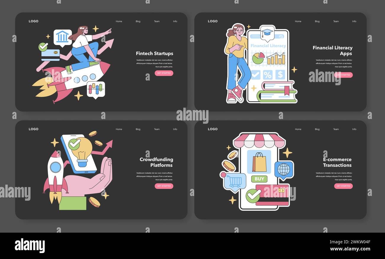 Fintech Evolution set. Highlights fintech startups, financial literacy apps, crowdfunding ...