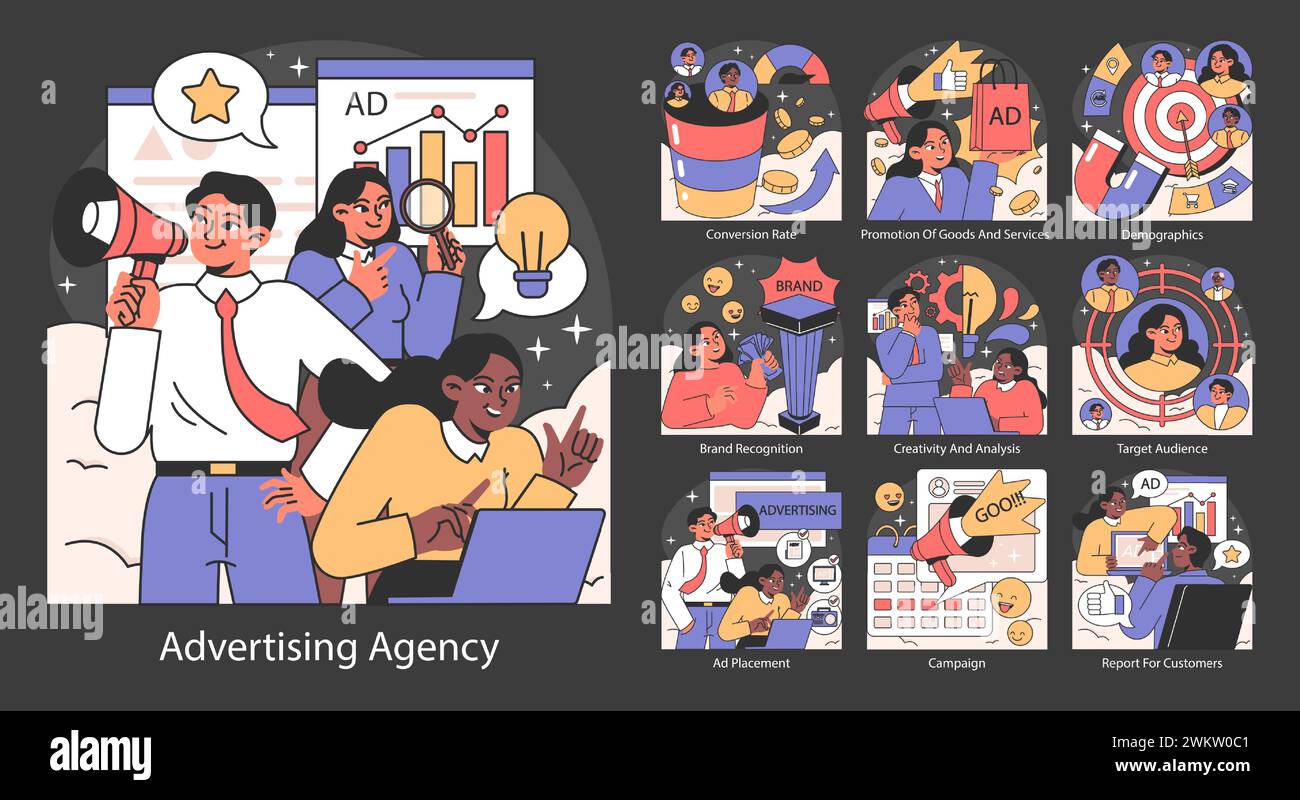 Dynamic advertising agency concept. Teams engage in creative strategy, media planning, and ...