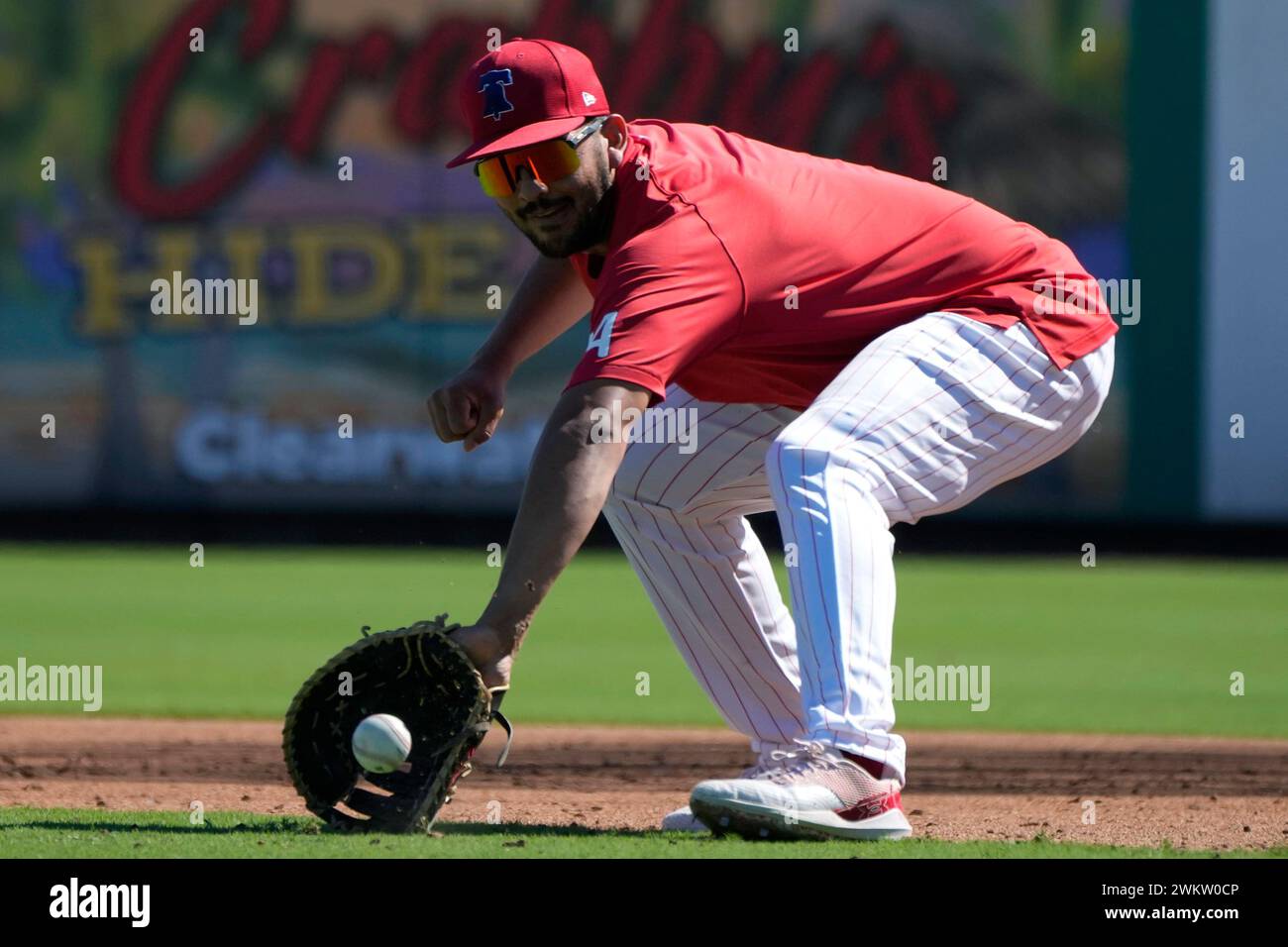 Philadelphia Phillies first baseman Darick Hall fields a ground ball ...