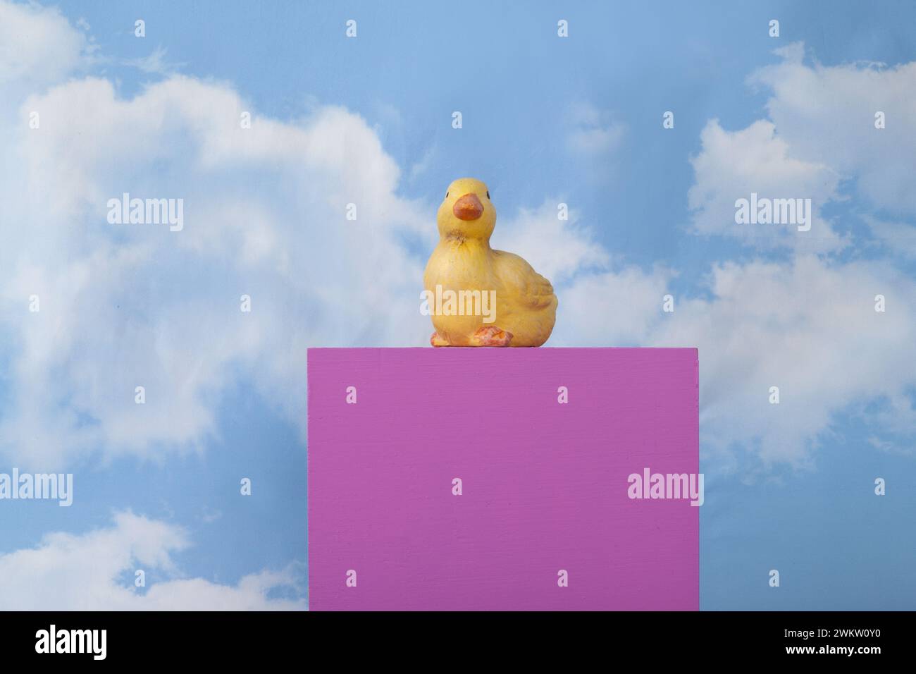 a plaster duck on a pink cube in front of a blue sky with clouds ...