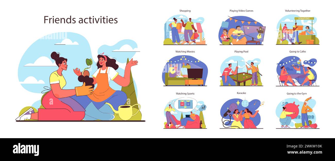 Friends activities set. From gardening and shopping to volunteering and ...