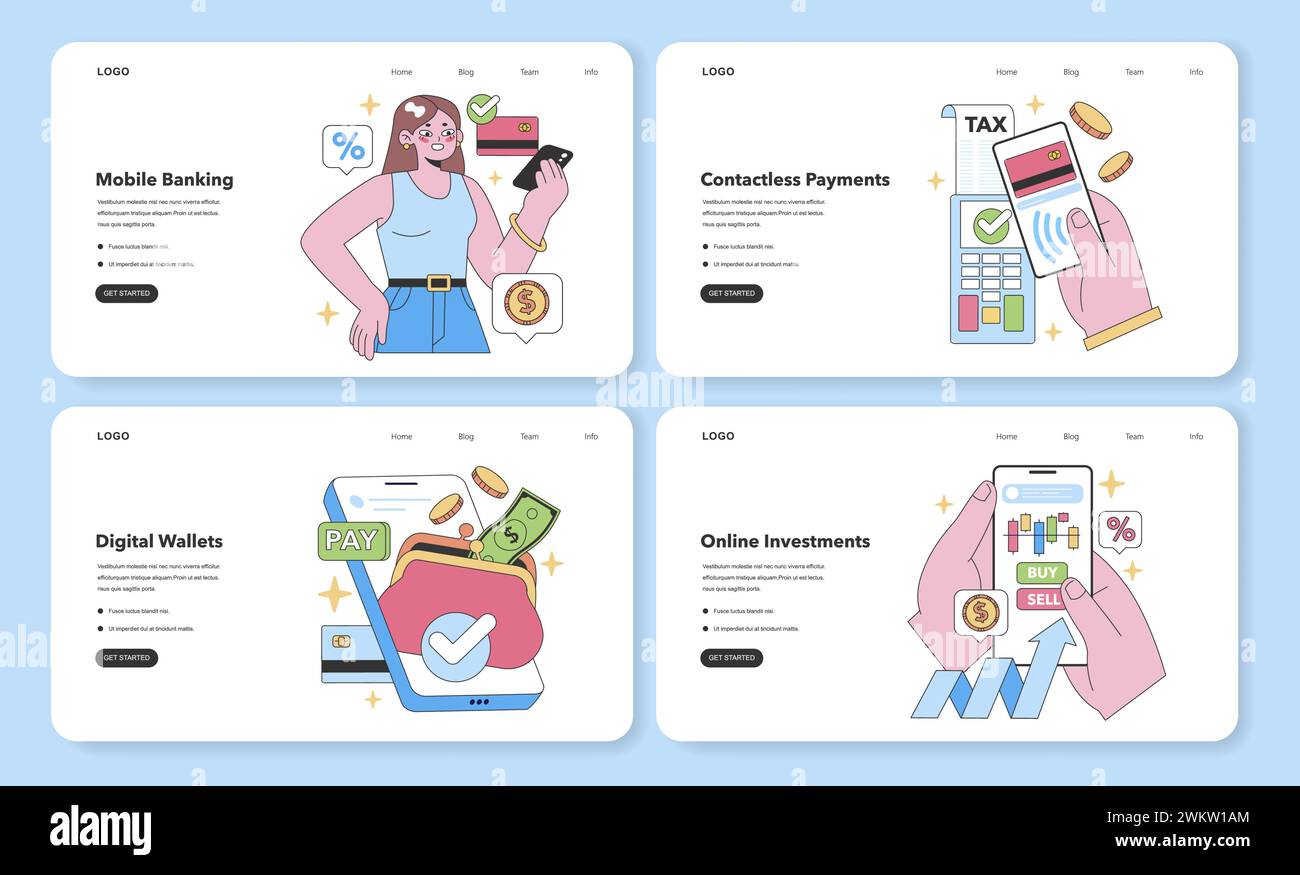 Fintech Interface set. Depicts mobile banking, contactless payments, digital wallets, and online ...