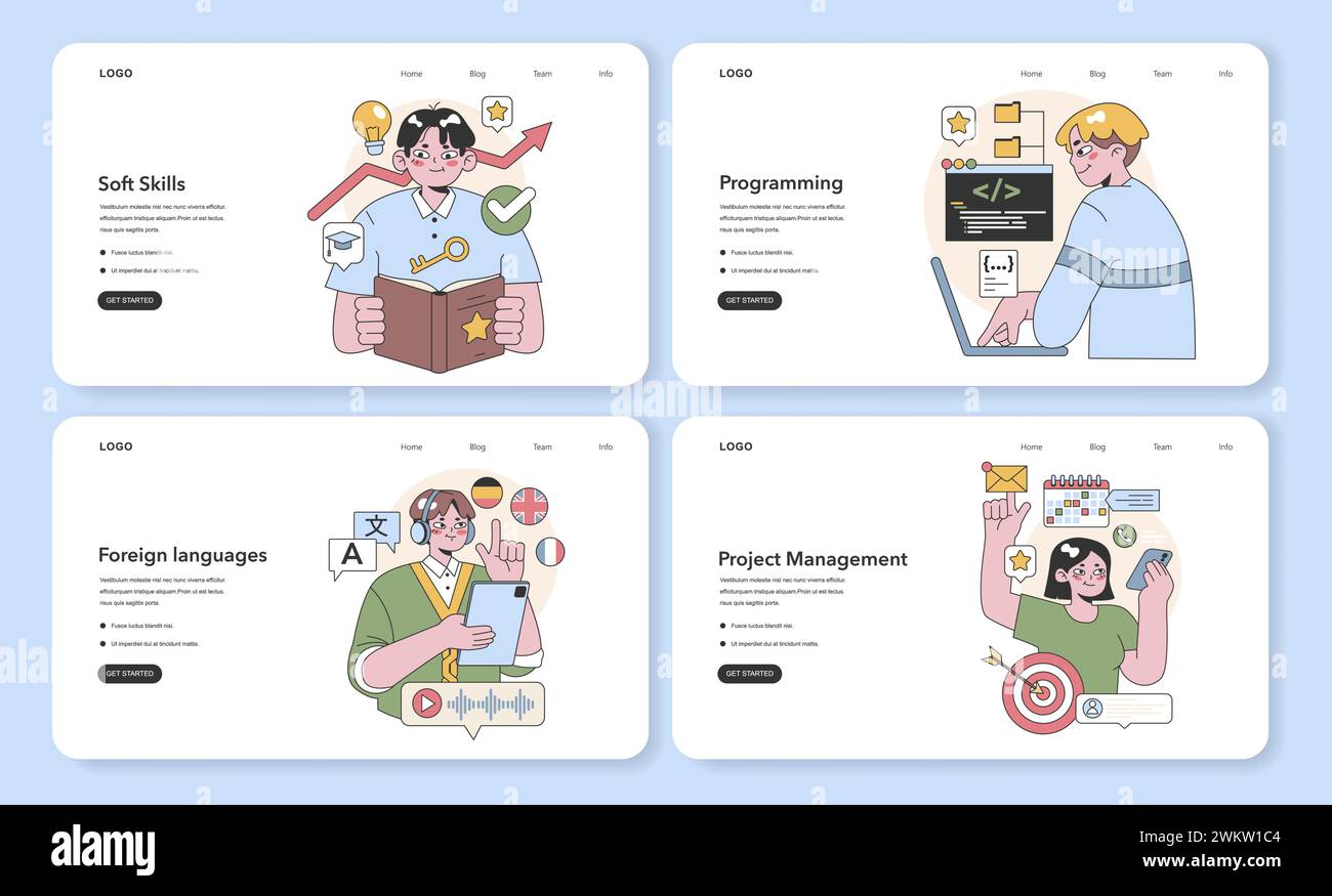 Professional development set. Characters honing soft skills, coding, and language learning ...