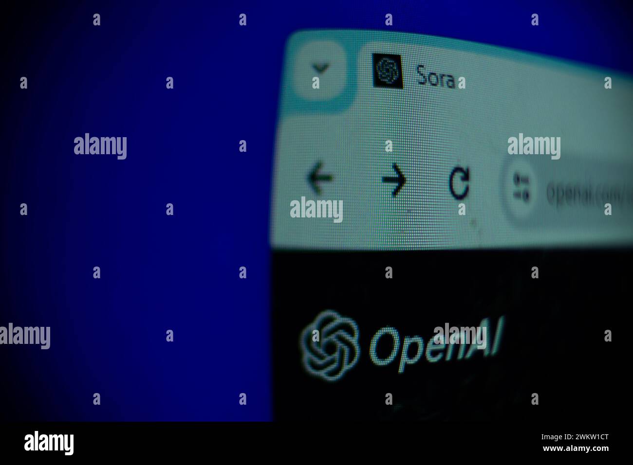 OpenAI distortion website view Sora text-to-video AI model description on computer windows blue ...