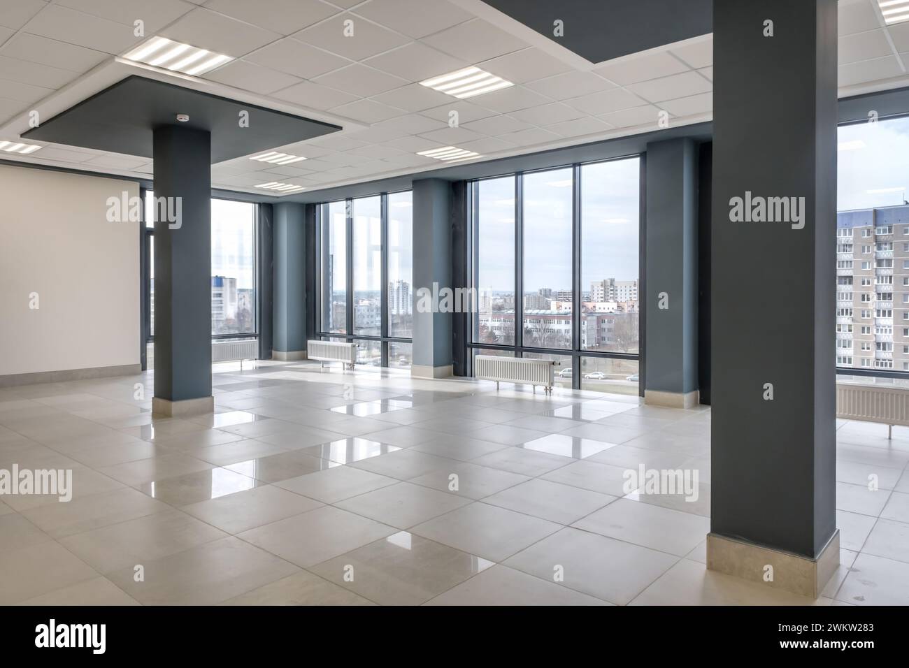 panorama view in empty modern hall with columns, doors , stairs and ...