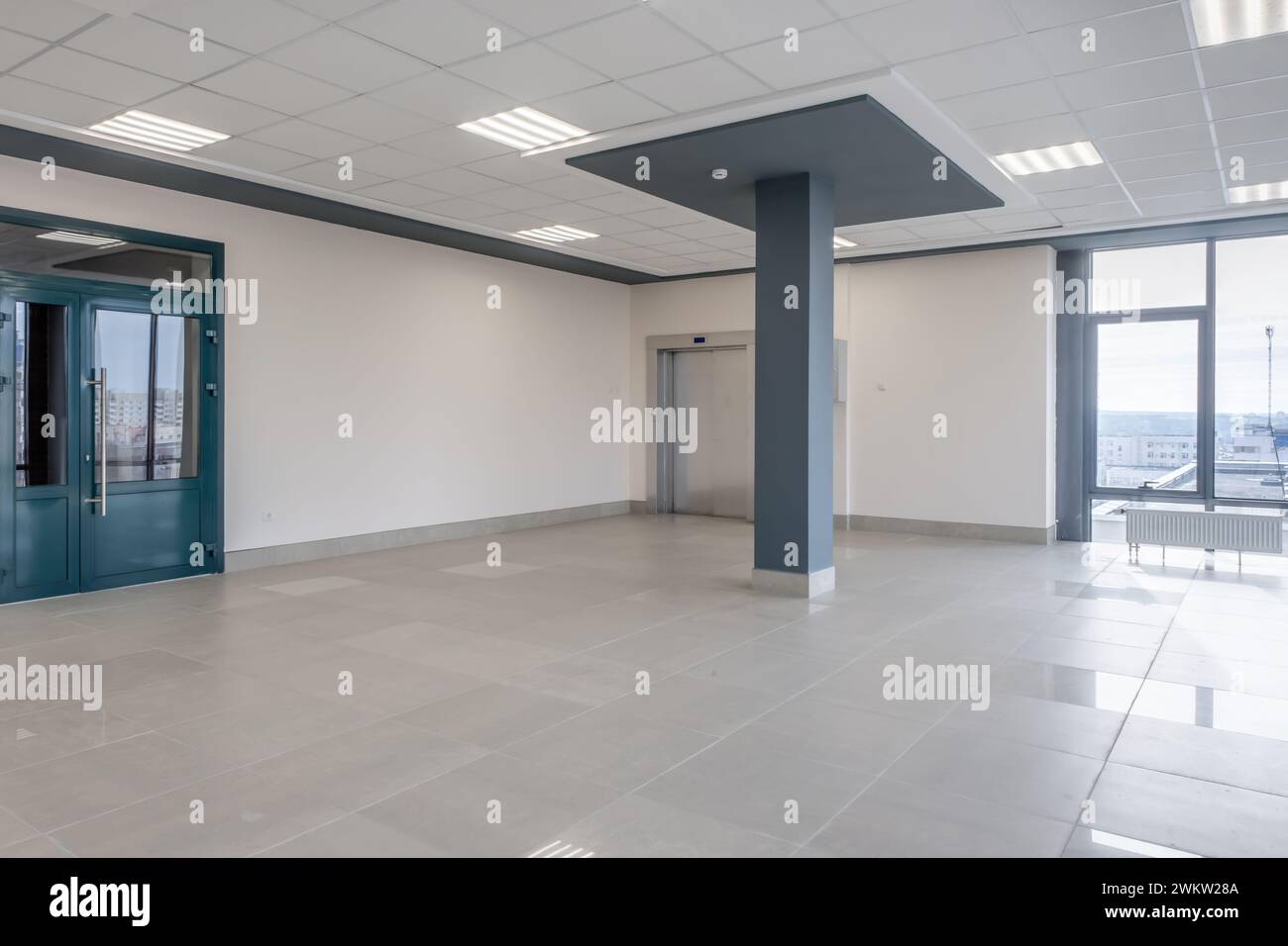 panorama view in empty modern hall with columns, doors , stairs and ...