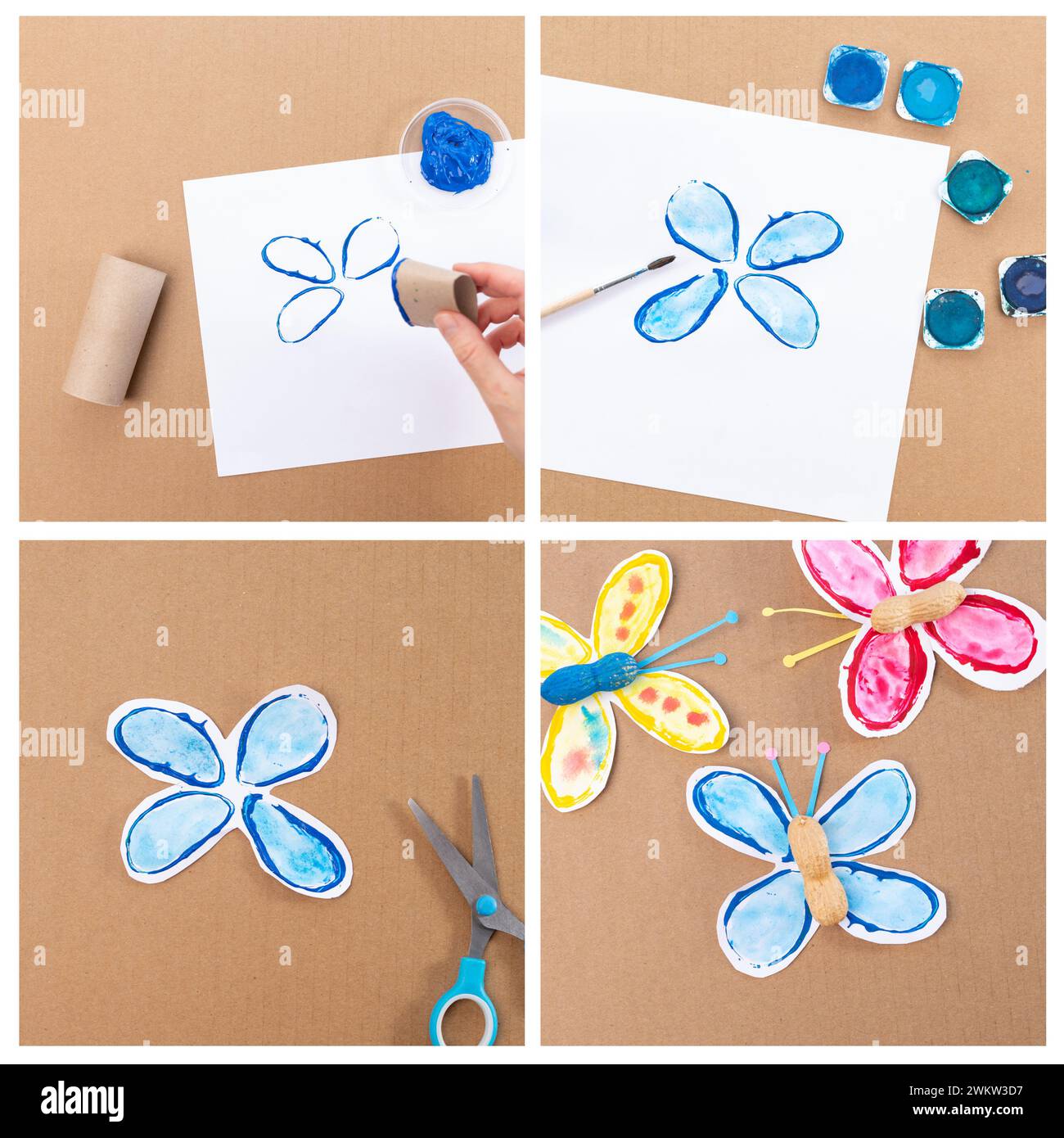 making paper craft butterflies, stamp, paint tubes, recycling concept ...