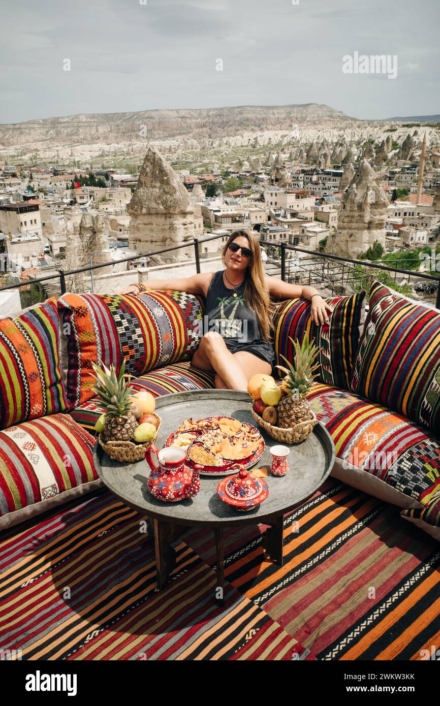Traditional turkish breakfast with Cappadocia view . Goreme, Turkey ...