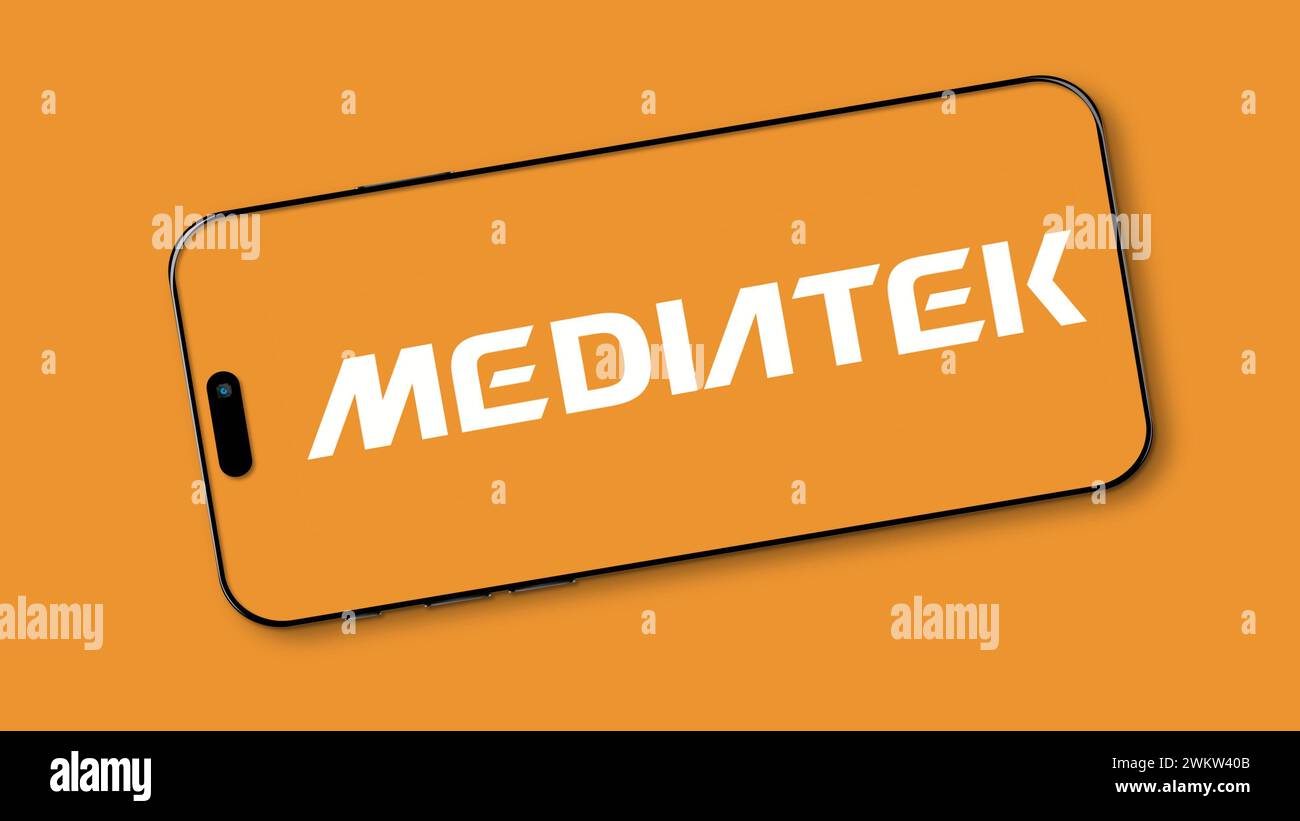 Istanbul, Turkey - 19 Feb 2024: Mediatek logo on smartphone screen. Mediatek is a semiconductor ...