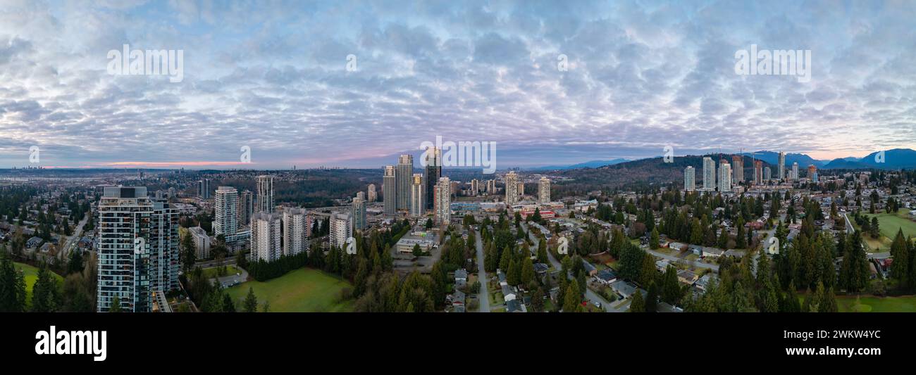 The city skyline with towering skyscrapers, lush greenery, and open sky ...