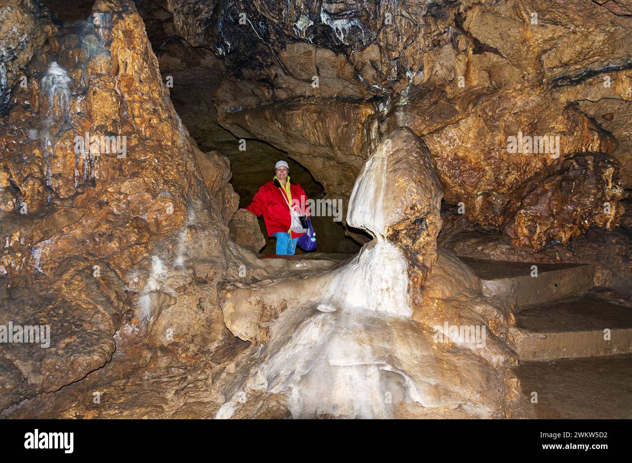 A woman, a member of a tourist group, poses against the backdrop of a ...
