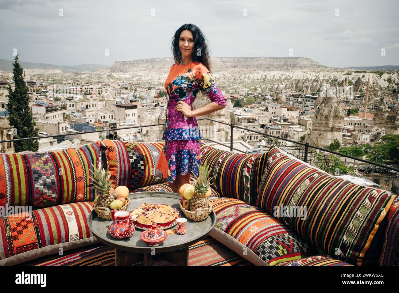 Traditional turkish breakfast with Cappadocia view . Goreme, Turkey ...