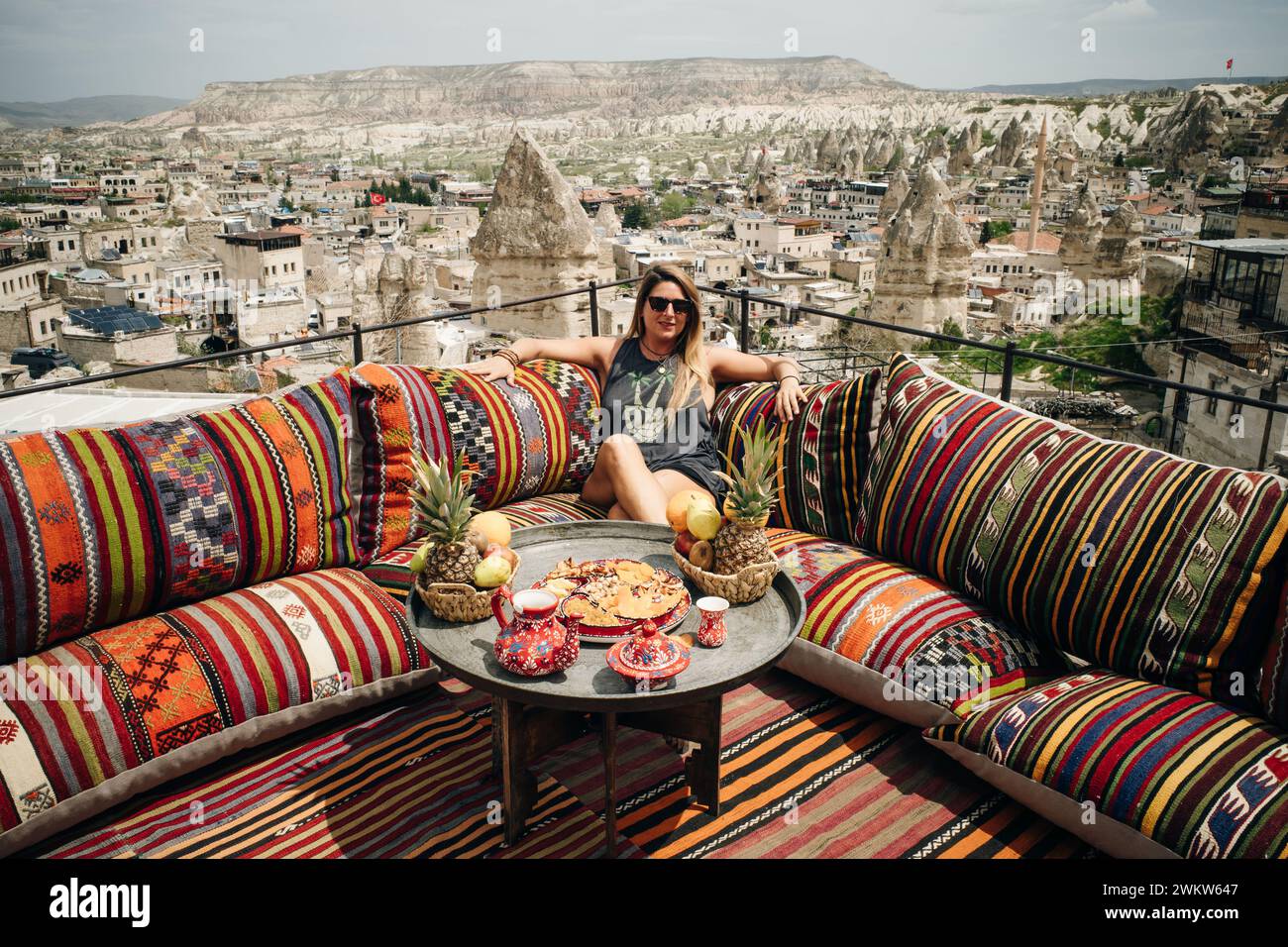 Traditional turkish breakfast with Cappadocia view . Goreme, Turkey ...