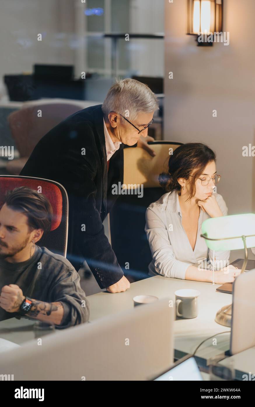 Focused colleagues of different ages collaborating on a project in a ...