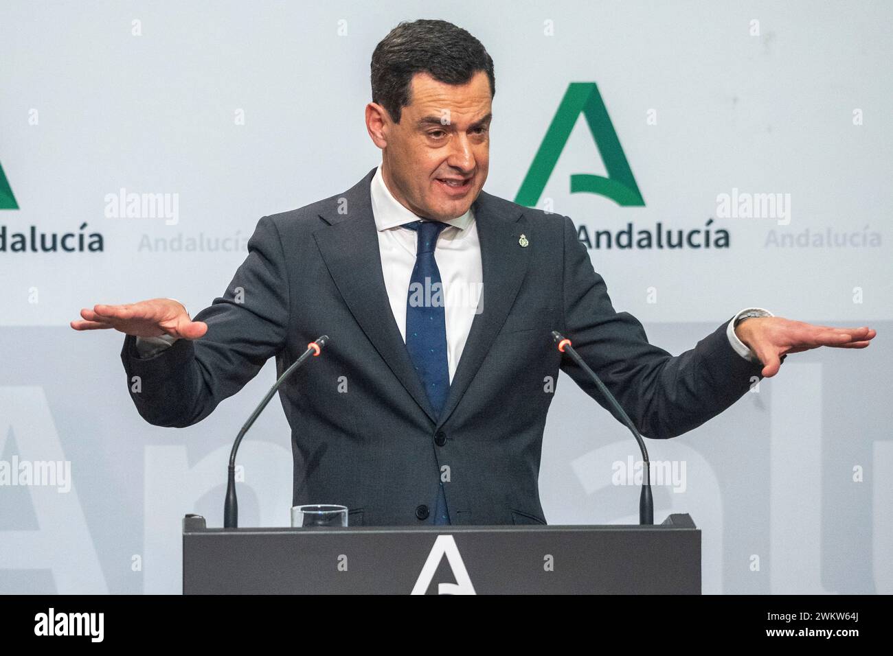 The president of the Junta de Andalucía, Juanma Moreno during the press ...