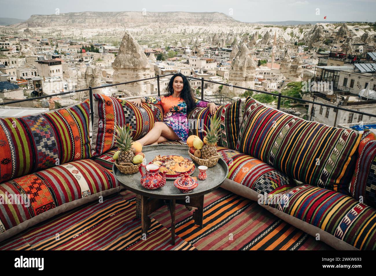 Traditional turkish breakfast with Cappadocia view . Goreme, Turkey ...