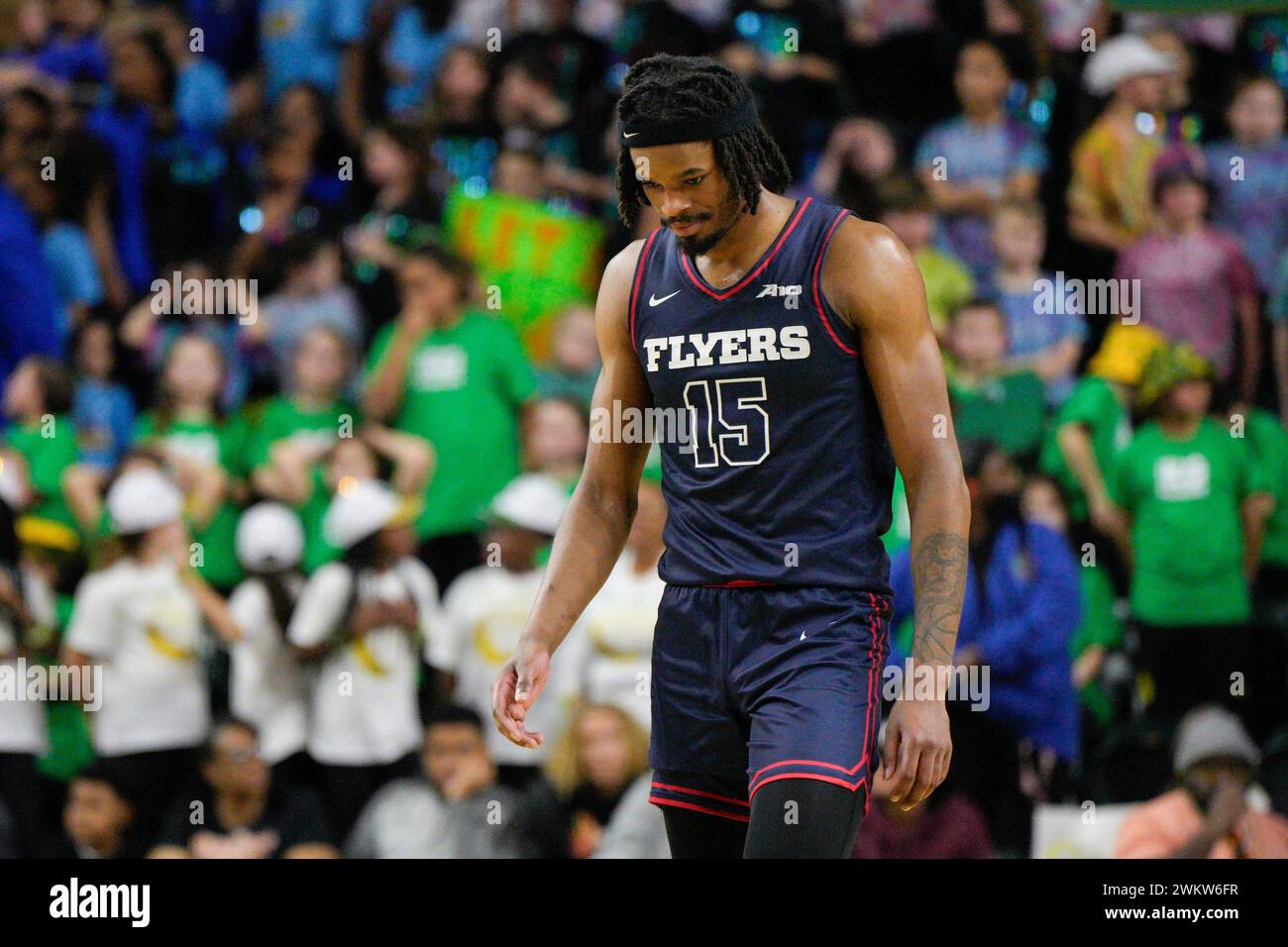 Dayton forward DaRon Holmes II (15) looks on during the first half of ...