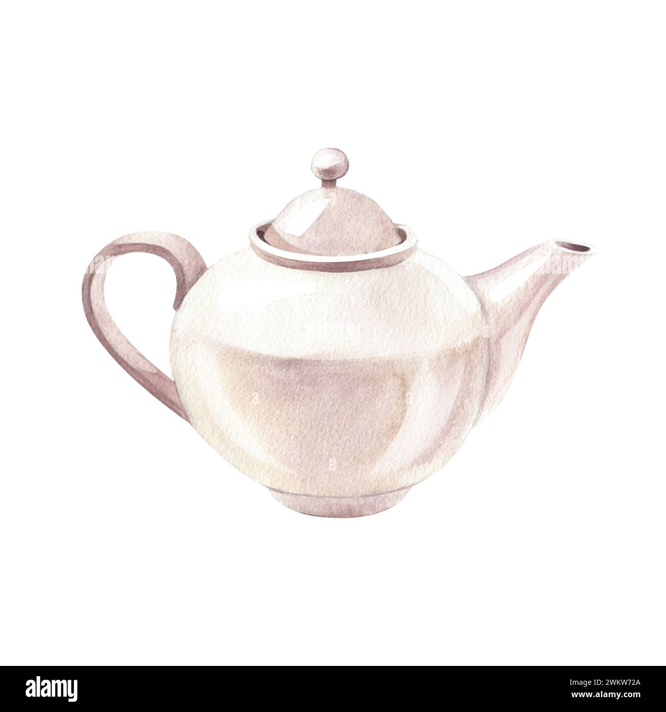 Porcelain ceramic white teapot for tea. Watercolor hand-drawn ...