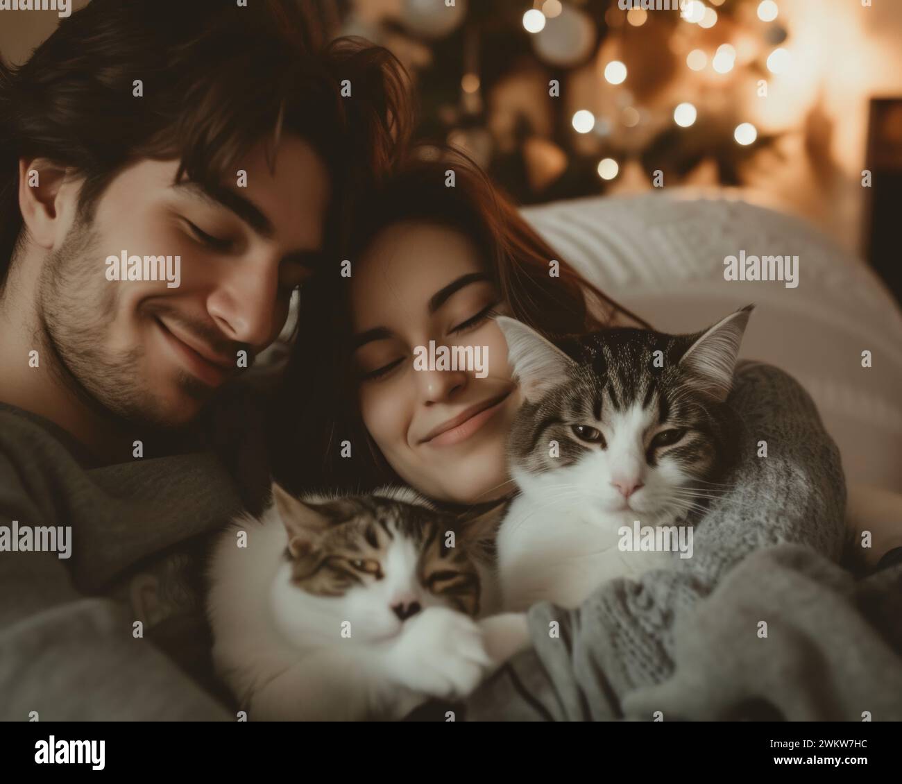 A man and woman are laying in bed with two cats beside them Stock Photo ...