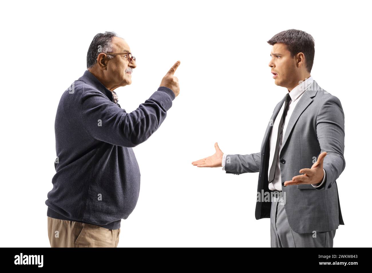 Mature man threatening to a businessmen isolated on white background ...
