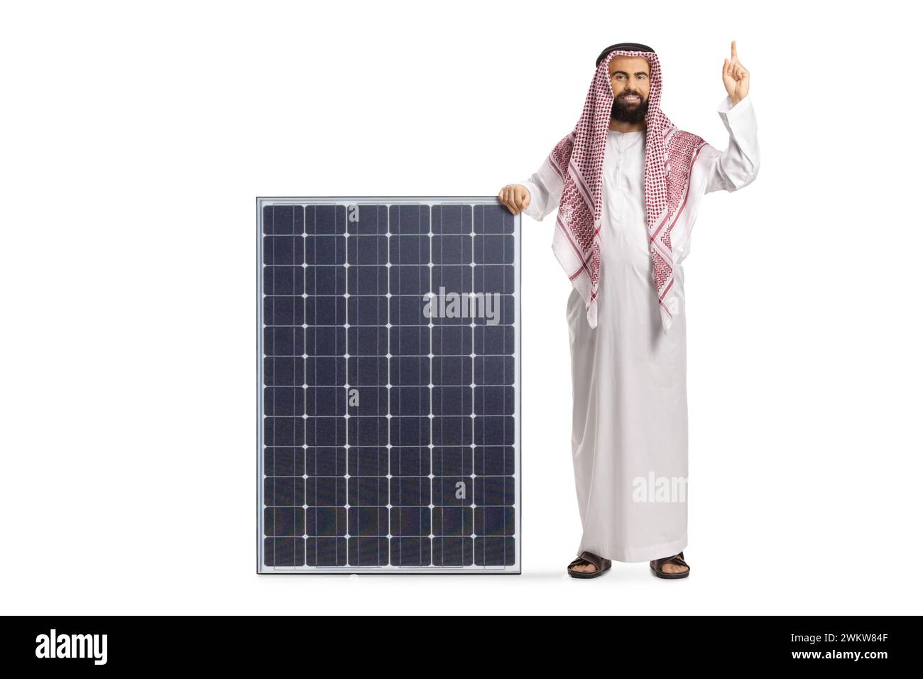 Saudi arab man with a solar panel pointing up isolated on white ...