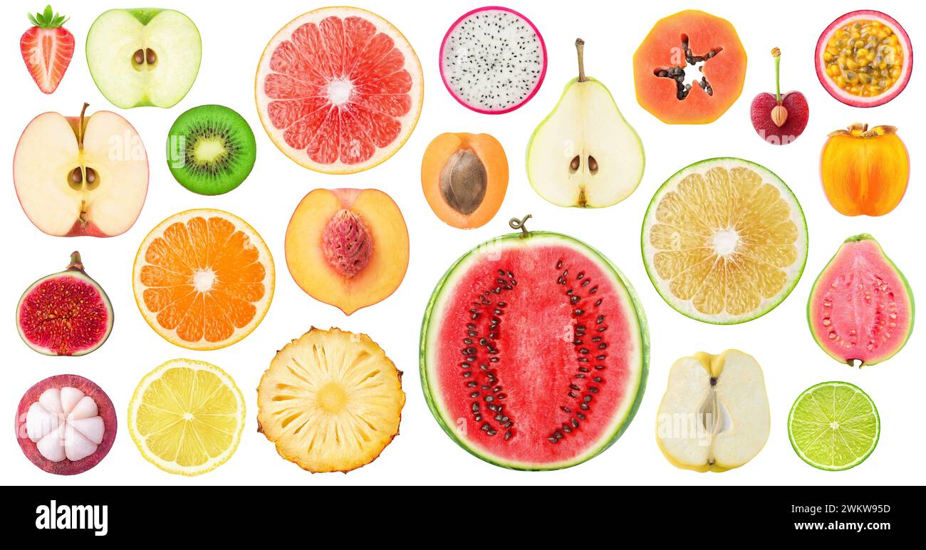 Collection Of Different Fruits Cross Sections Isolated On White