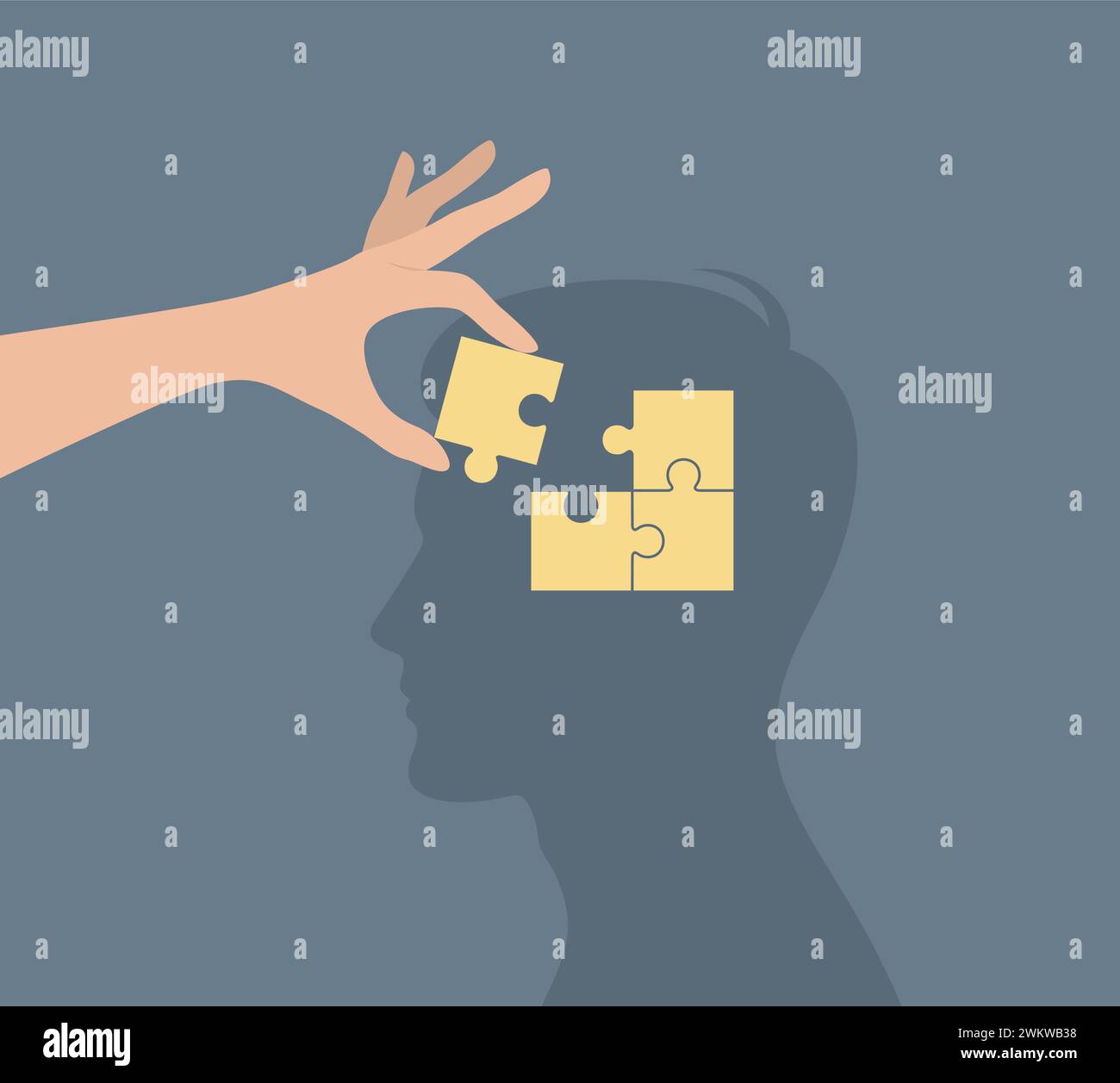 A hand placing the last piece of a puzzle into a man's head. The ...