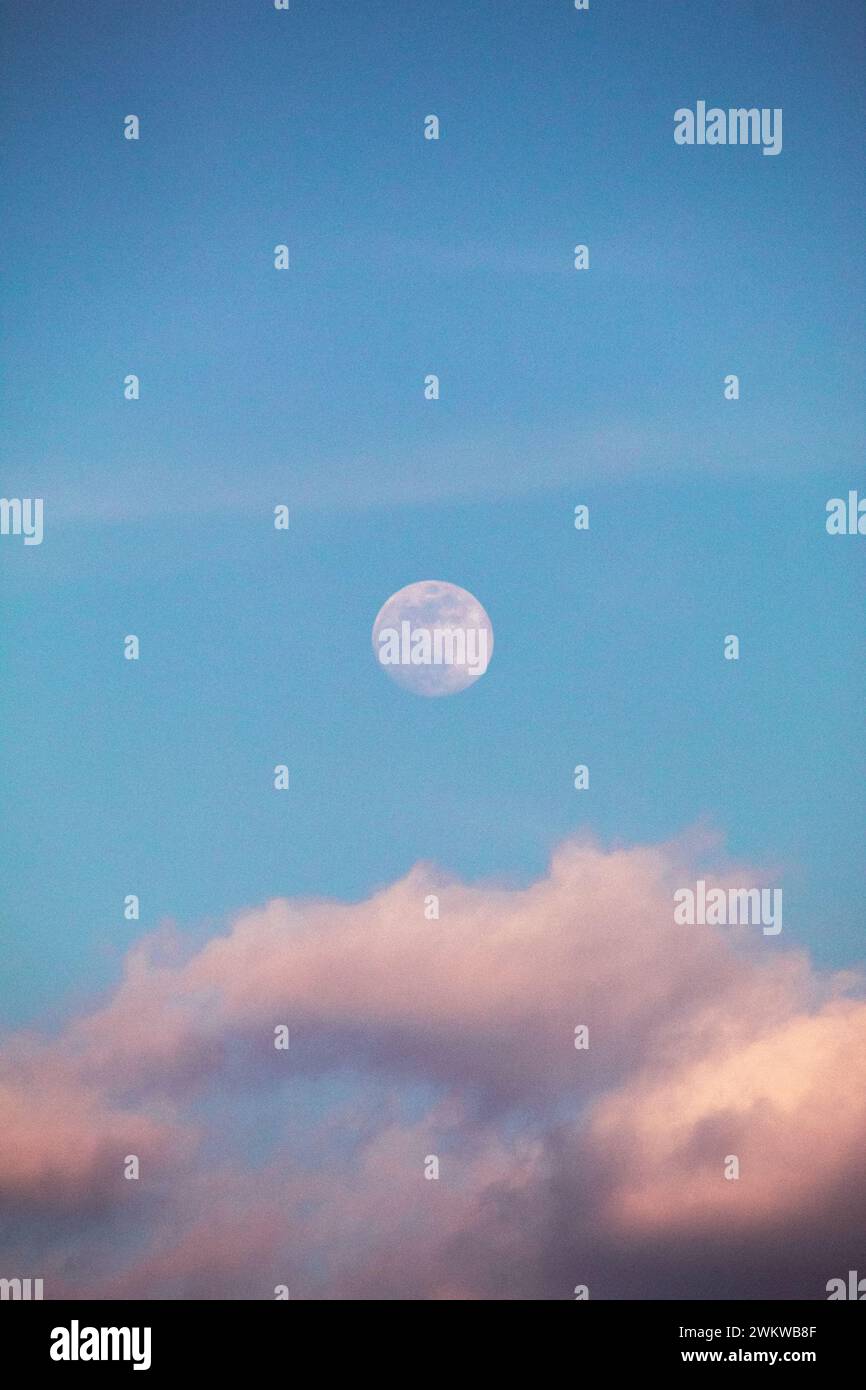 Full bright moon before sunset over the clouds. With vibrant blue sky ...