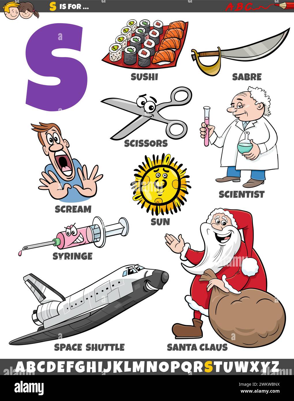 Cartoon illustration of objects and characters set for letter S Stock ...
