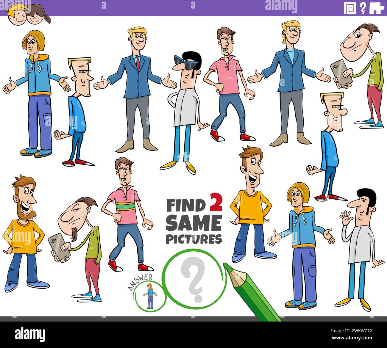 Cartoon illustration of finding two same pictures educational activity ...