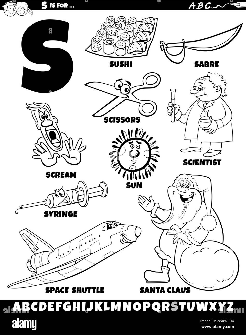 Cartoon illustration of objects and characters set for letter S ...