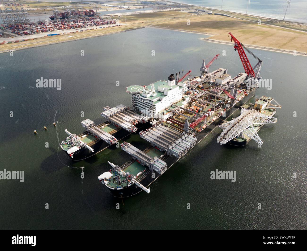 Aerial view of a large pipelaying and heavy lifting vessel, Maasvlakte ...
